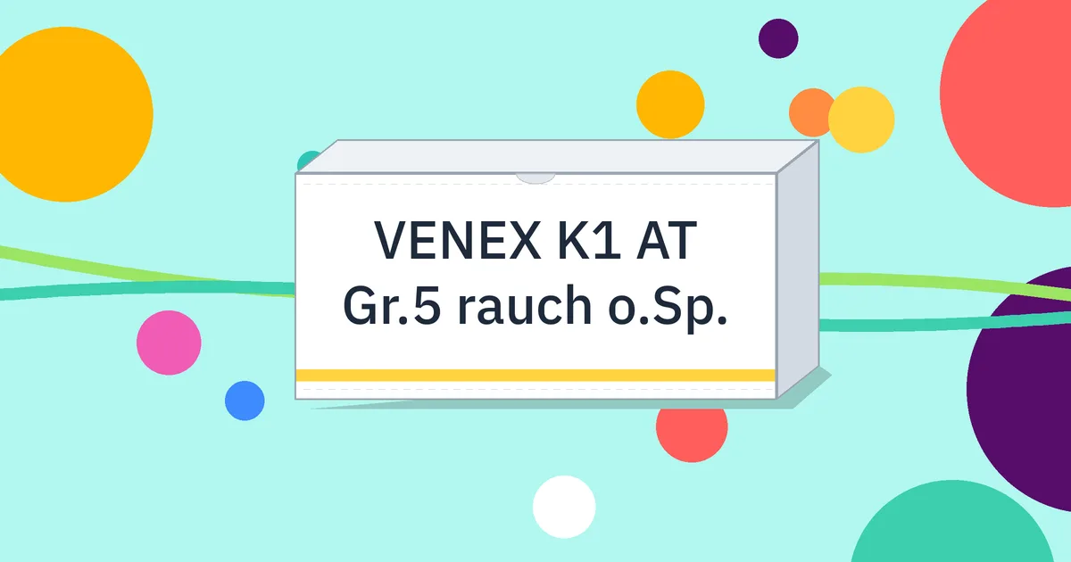 Symbolbild: Packung mit der Aufschrift VENEX K1 AT Gr.5 rauch o.Sp. (PZN 03197368) – Verfügbarkeit und Bezug in Apotheken in Frankfurt am Main