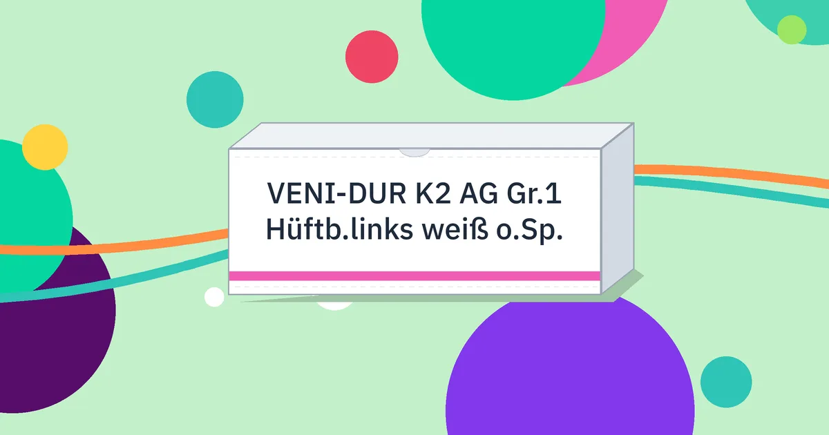 Symbolbild: Packung mit der Aufschrift VENI-DUR K2 AG Gr.1 Hüftb.links weiß o.Sp. (PZN 03254557) – Verfügbarkeit und Bezug in Apotheken in Frankfurt am Main