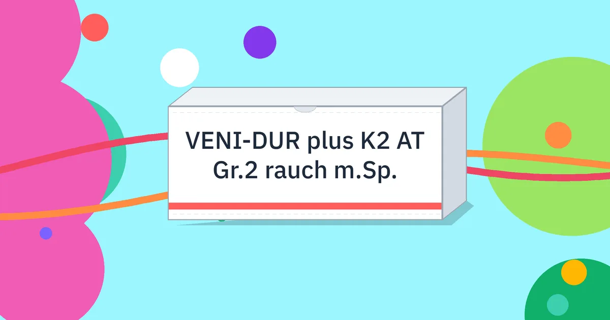 Symbolbild: Packung mit der Aufschrift VENI-DUR plus K2 AT Gr.2 rauch m.Sp. (PZN 03255060) – Verfügbarkeit und Bezug in Apotheken in Frankfurt am Main