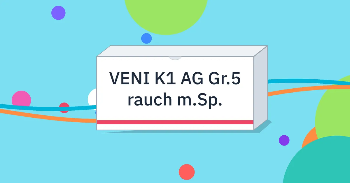 Symbolbild: Packung mit der Aufschrift VENI K1 AG Gr.5 rauch m.Sp. (PZN 08677268) – Verfügbarkeit und Bezug in Apotheken in Frankfurt am Main