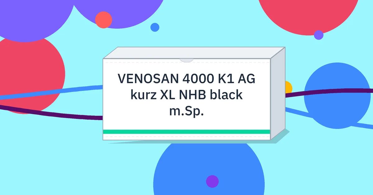 Symbolbild: Packung mit der Aufschrift VENOSAN 4000 K1 AG kurz XL NHB black m.Sp. (PZN 14427104) – Verfügbarkeit und Bezug in Apotheken in Frankfurt am Main