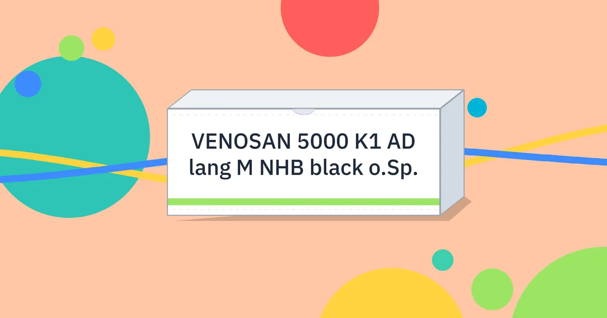 Symbolbild: Packung mit der Aufschrift VENOSAN 5000 K1 AD lang M NHB black o.Sp. (PZN 14432594) – Verfügbarkeit und Bezug in Apotheken in Frankfurt am Main