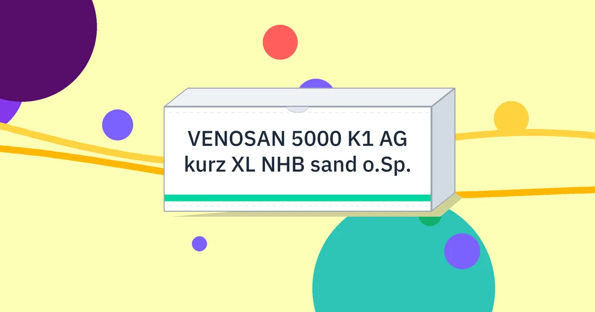 Symbolbild: Packung mit der Aufschrift VENOSAN 5000 K1 AG kurz XL NHB sand o.Sp. (PZN 14428457) – Verfügbarkeit und Bezug in Apotheken in Frankfurt am Main