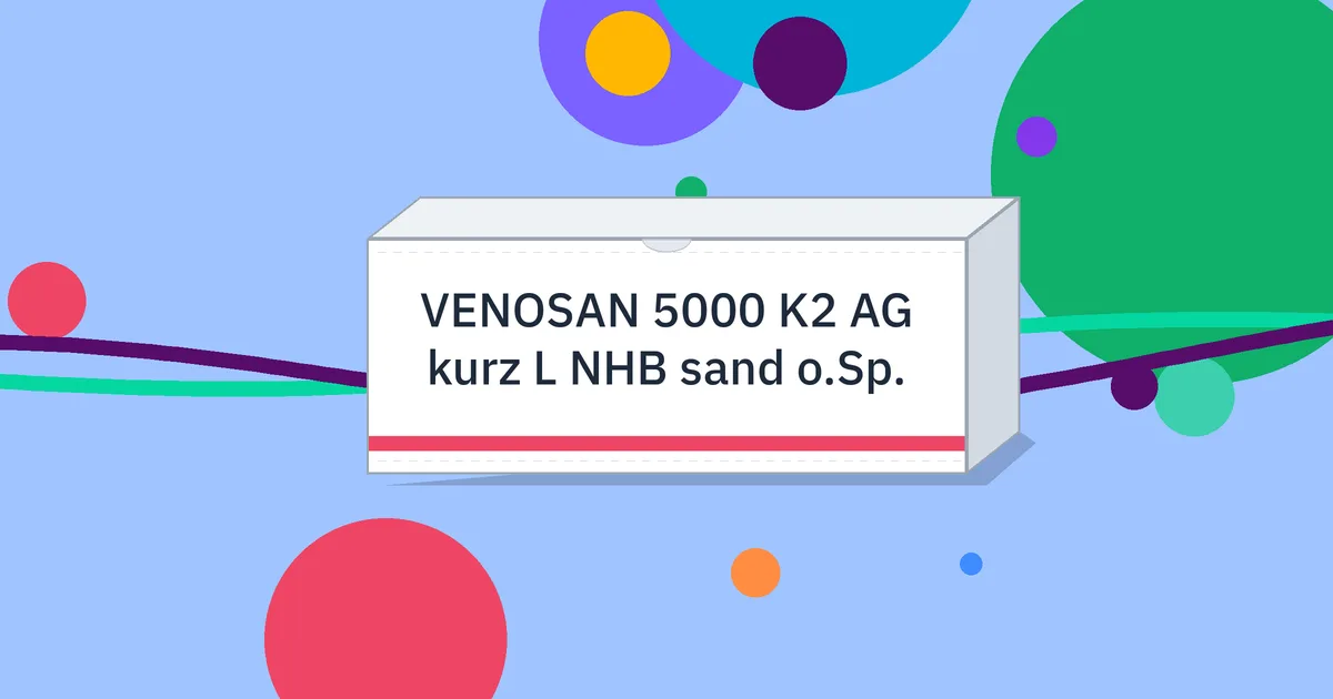 Symbolbild: Packung mit der Aufschrift VENOSAN 5000 K2 AG kurz L NHB sand o.Sp. (PZN 14428977) – Verfügbarkeit und Bezug in Apotheken in Frankfurt am Main