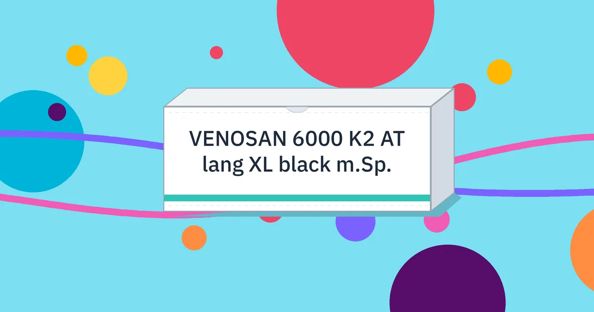 Symbolbild: Packung mit der Aufschrift VENOSAN 6000 K2 AT lang XL black m.Sp. (PZN 17173288) – Verfügbarkeit und Bezug in Apotheken in Frankfurt am Main