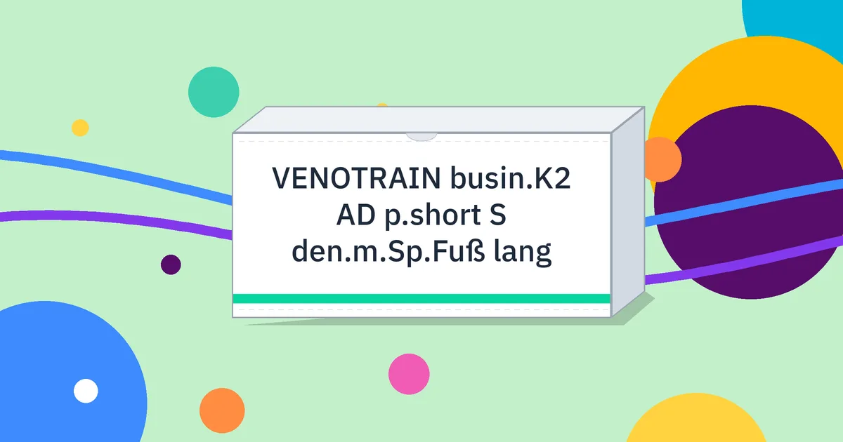 Symbolbild: Packung mit der Aufschrift VENOTRAIN busin.K2 AD p.short S den.m.Sp.Fuß lang (PZN 19057020) – Verfügbarkeit und Bezug in Apotheken in Frankfurt am Main