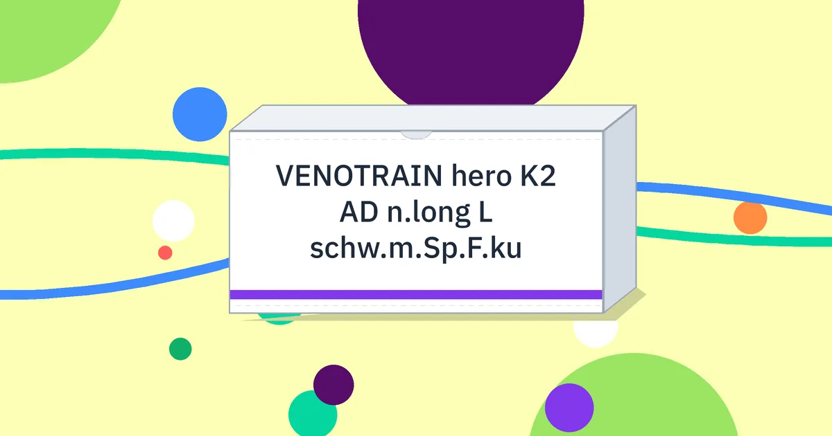 Symbolbild: Packung mit der Aufschrift VENOTRAIN hero K2 AD n.long L schw.m.Sp.F.ku (PZN 19189632) – Verfügbarkeit und Bezug in Apotheken in Frankfurt am Main