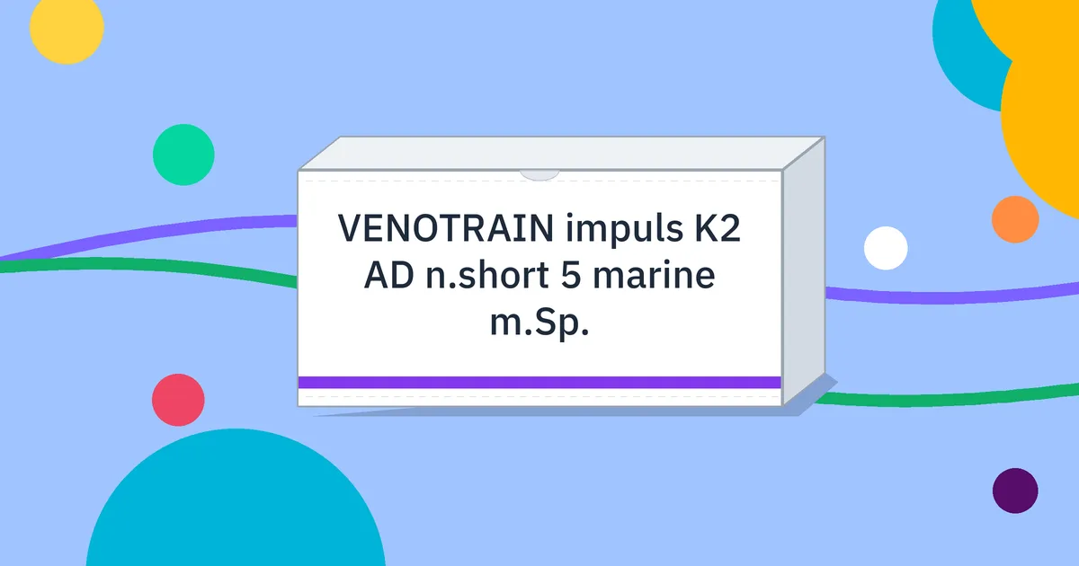 Symbolbild: Packung mit der Aufschrift VENOTRAIN impuls K2 AD n.short 5 marine m.Sp. (PZN 15221089) – Verfügbarkeit und Bezug in Apotheken in Frankfurt am Main