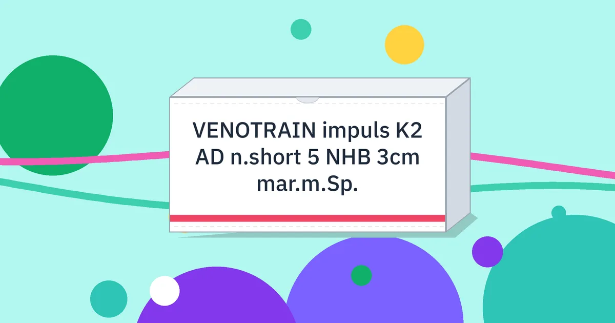 Symbolbild: Packung mit der Aufschrift VENOTRAIN impuls K2 AD n.short 5 NHB 3cm mar.m.Sp. (PZN 15223450) – Verfügbarkeit und Bezug in Apotheken in Frankfurt am Main