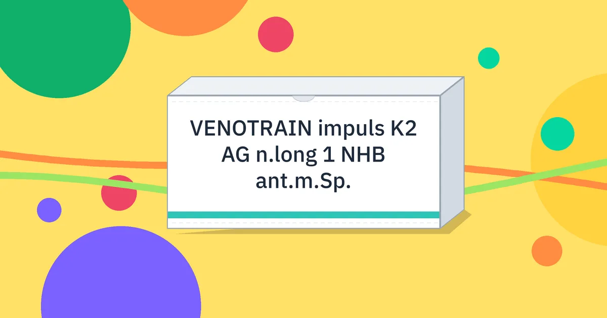 Symbolbild: Packung mit der Aufschrift VENOTRAIN impuls K2 AG n.long 1 NHB ant.m.Sp. (PZN 15214681) – Verfügbarkeit und Bezug in Apotheken in Frankfurt am Main