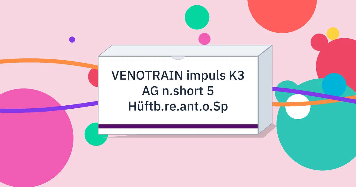 Symbolbild: Packung mit der Aufschrift VENOTRAIN impuls K3 AG n.short 5 Hüftb.re.ant.o.Sp (PZN 15218472) – Verfügbarkeit und Bezug in Apotheken in Frankfurt am Main