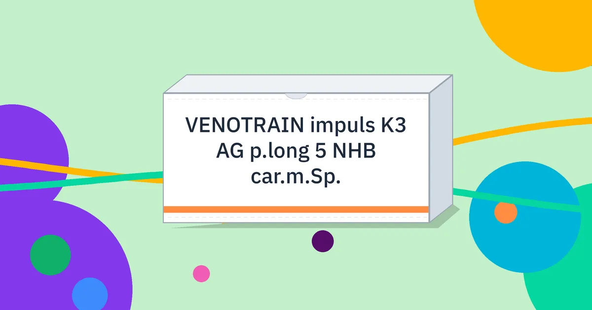Symbolbild: Packung mit der Aufschrift VENOTRAIN impuls K3 AG p.long 5 NHB car.m.Sp. (PZN 00521822) – Verfügbarkeit und Bezug in Apotheken in Frankfurt am Main