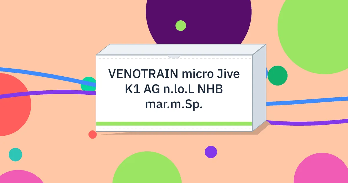 Symbolbild: Packung mit der Aufschrift VENOTRAIN micro Jive K1 AG n.lo.L NHB mar.m.Sp. (PZN 17767295) – Verfügbarkeit und Bezug in Apotheken in Frankfurt am Main