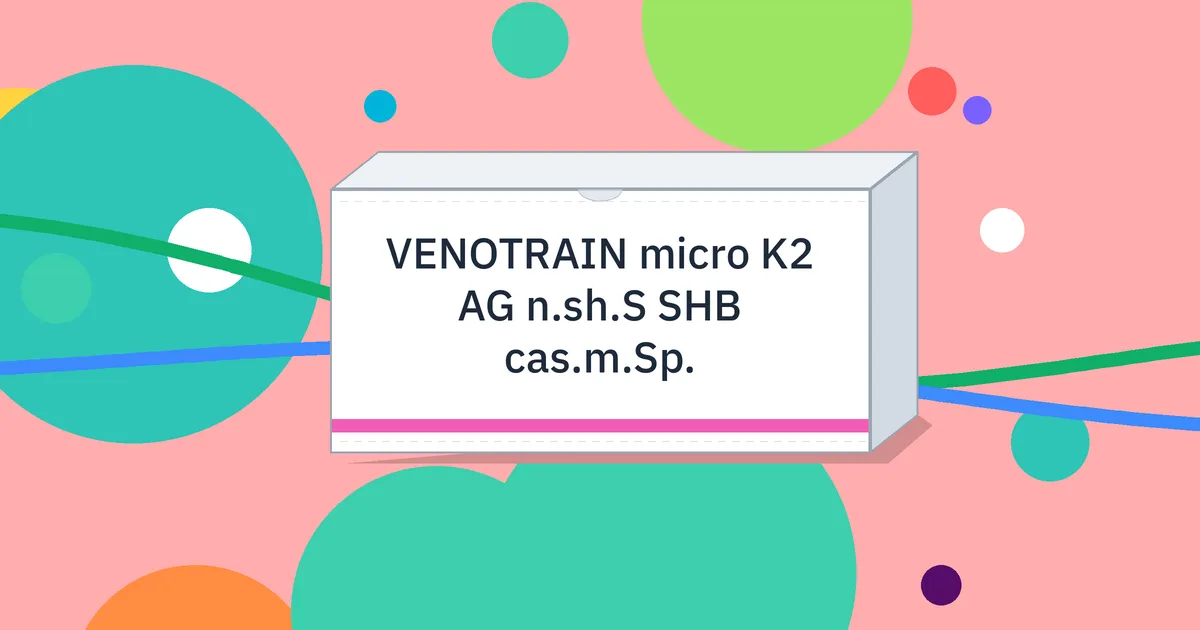 Symbolbild: Packung mit der Aufschrift VENOTRAIN micro K2 AG n.sh.S SHB cas.m.Sp. (PZN 20759997) – Verfügbarkeit und Bezug in Apotheken in Frankfurt am Main
