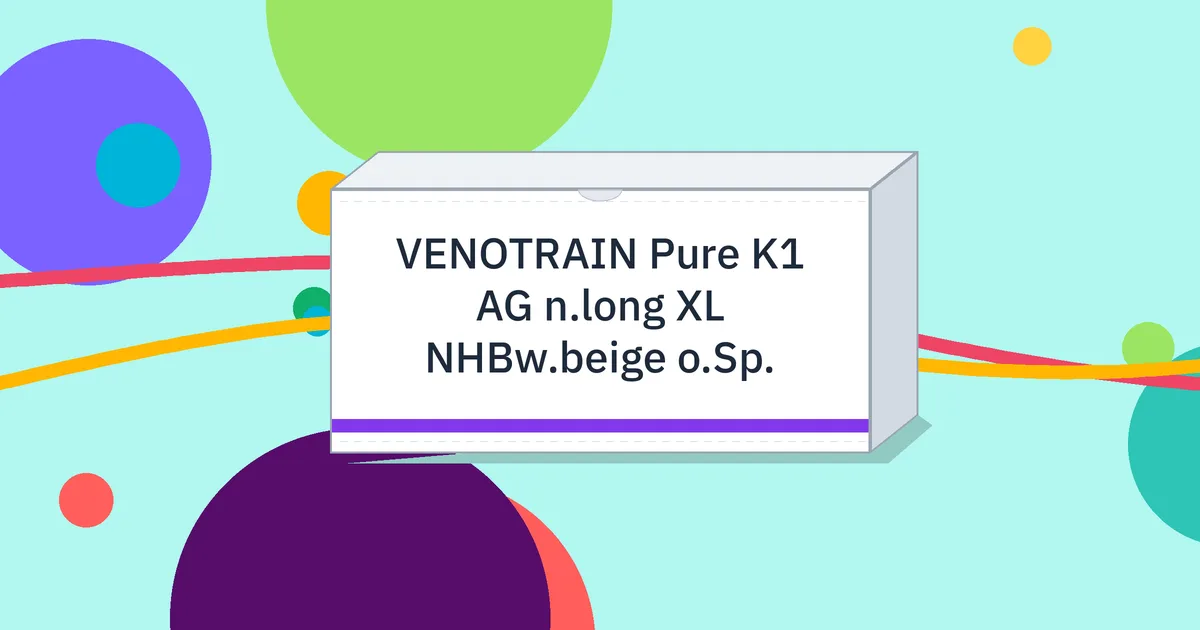 Symbolbild: Packung mit der Aufschrift VENOTRAIN Pure K1 AG n.long XL NHBw.beige o.Sp. (PZN 18150504) – Verfügbarkeit und Bezug in Apotheken in Frankfurt am Main
