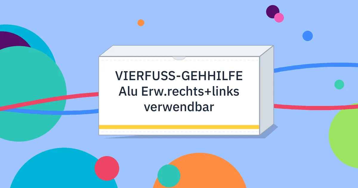 Symbolbild: Packung mit der Aufschrift VIERFUSS-GEHHILFE Alu Erw.rechts+links verwendbar (PZN 09901822) – Verfügbarkeit und Bezug in Apotheken in Frankfurt am Main