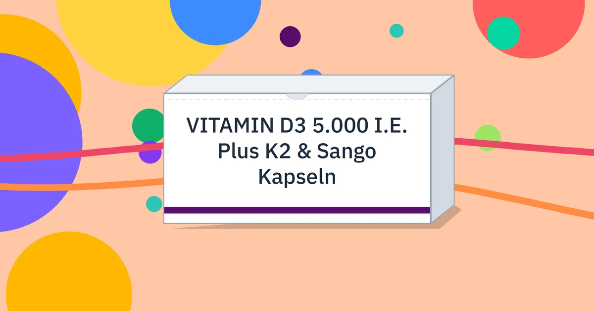 Symbolbild: Packung mit der Aufschrift VITAMIN D3 5.000 I.E. Plus K2 & Sango Kapseln (PZN 15737060) – Verfügbarkeit und Bezug in Apotheken in Frankfurt am Main