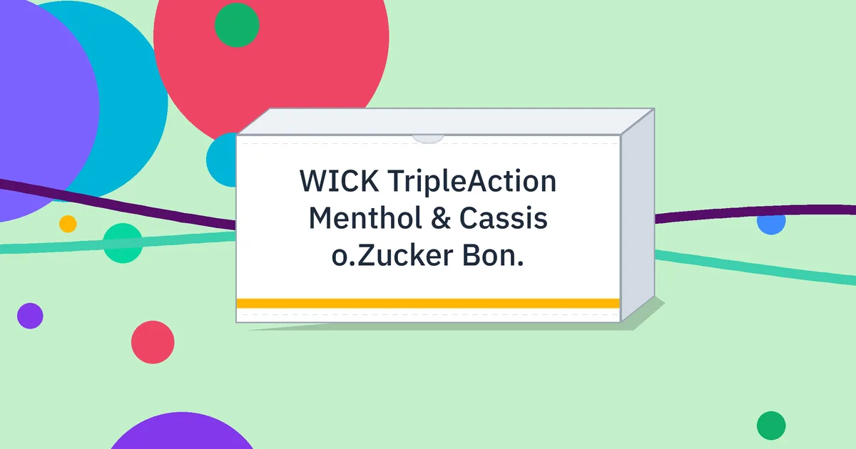 Symbolbild: Packung mit der Aufschrift WICK TripleAction Menthol & Cassis o.Zucker Bon. (PZN 13650461) – Verfügbarkeit und Bezug in Apotheken in Frankfurt am Main