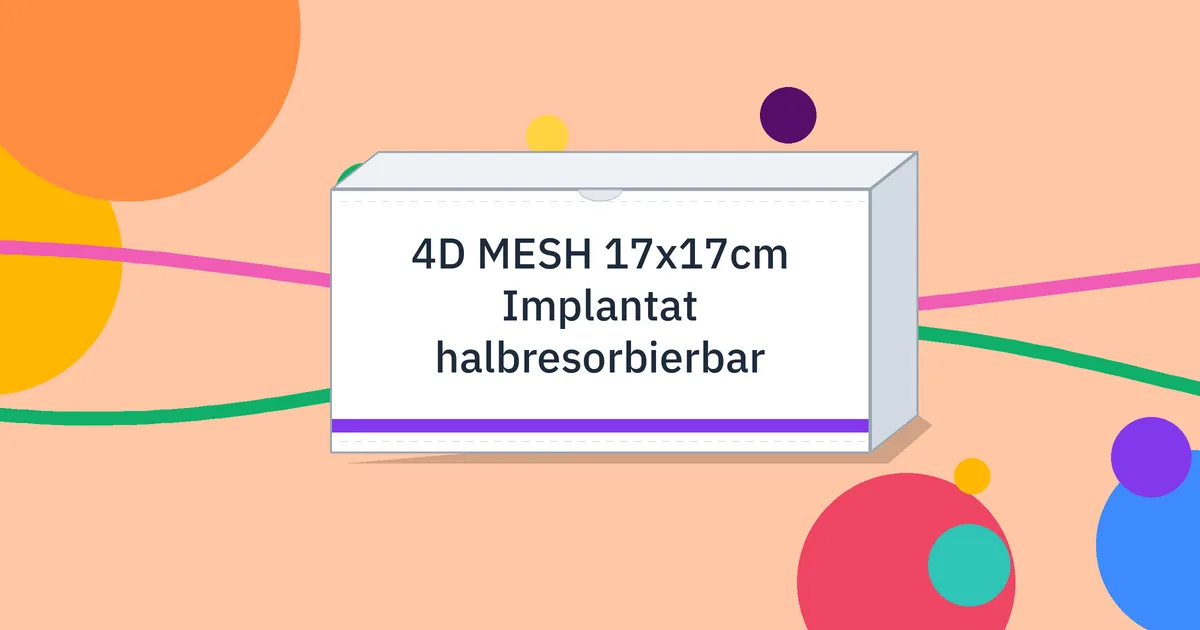 Symbolbild: Packung mit der Aufschrift 4D MESH 17x17cm Implantat halbresorbierbar (PZN 19504507) – Verfügbarkeit und Bezug in Apotheken in Frankfurt am Main