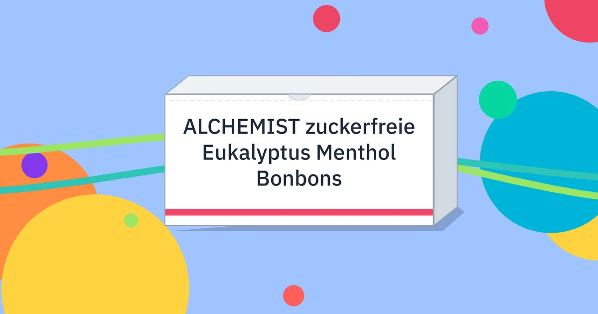 Symbolbild: Packung mit der Aufschrift ALCHEMIST zuckerfreie Eukalyptus Menthol Bonbons (PZN 17153110) – Verfügbarkeit und Bezug in Apotheken in Frankfurt am Main