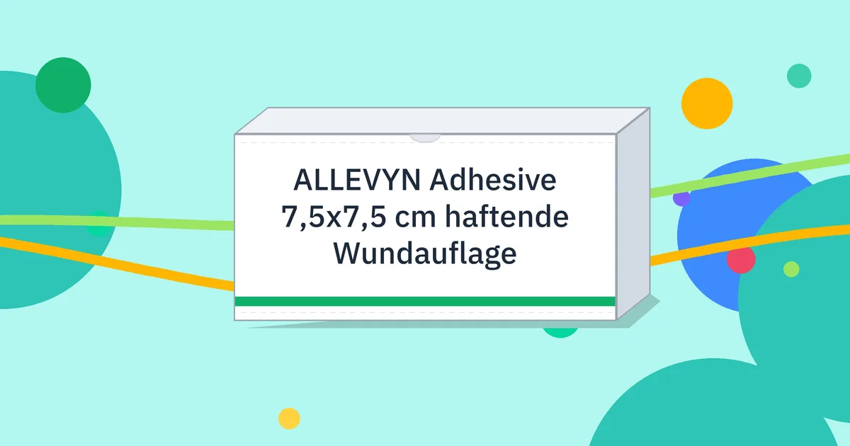 Symbolbild: Packung mit der Aufschrift ALLEVYN Adhesive 7,5x7,5 cm haftende Wundauflage (PZN 18051104) – Verfügbarkeit und Bezug in Apotheken in Frankfurt am Main