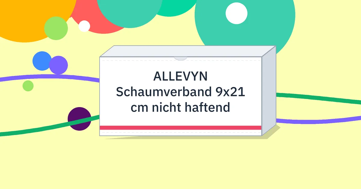 Symbolbild: Packung mit der Aufschrift ALLEVYN Schaumverband 9x21 cm nicht haftend (PZN 19698351) – Verfügbarkeit und Bezug in Apotheken in Frankfurt am Main