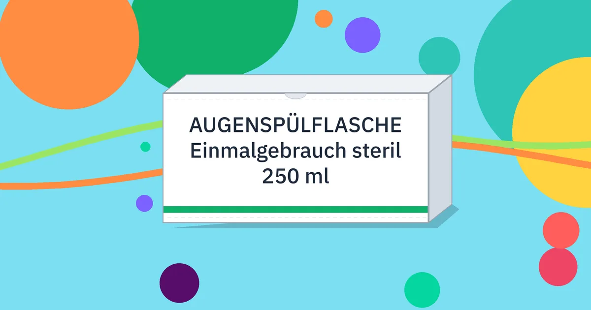 Symbolbild: Packung mit der Aufschrift AUGENSPÜLFLASCHE Einmalgebrauch steril 250 ml (PZN 18443181) – Verfügbarkeit und Bezug in Apotheken in Frankfurt am Main