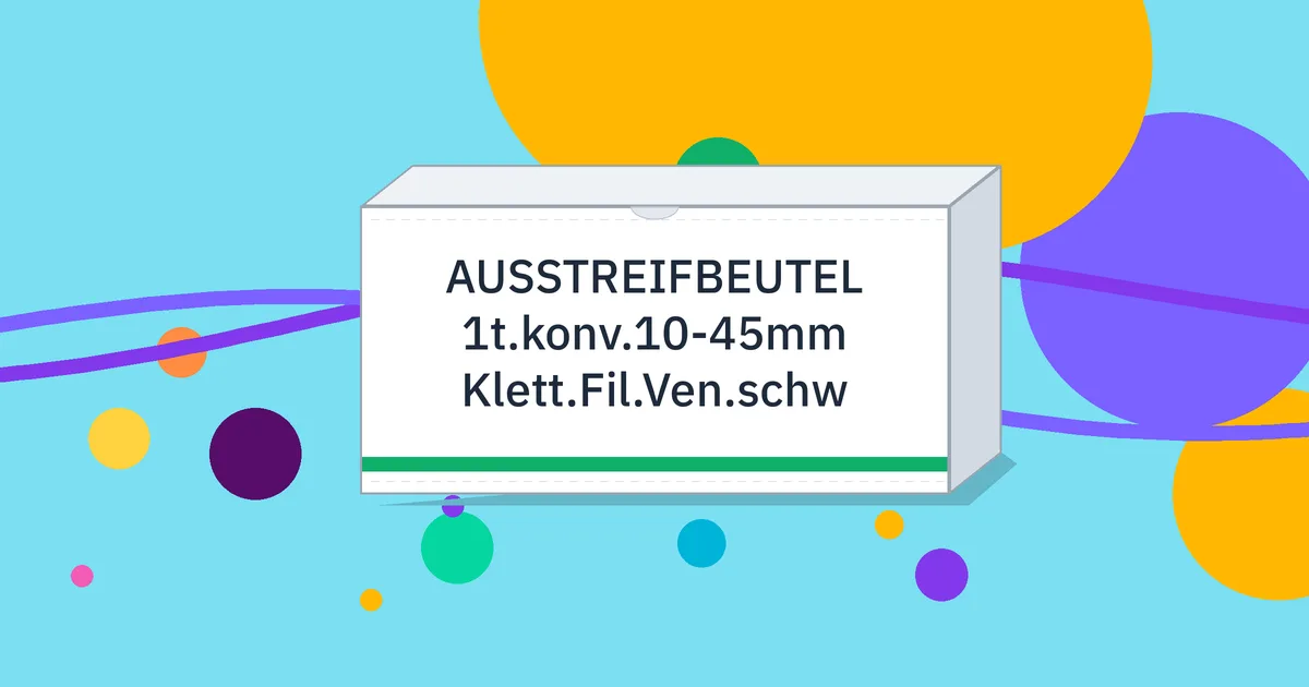 Symbolbild: Packung mit der Aufschrift AUSSTREIFBEUTEL 1t.konv.10-45mm Klett.Fil.Ven.schw (PZN 18424077) – Verfügbarkeit und Bezug in Apotheken in Frankfurt am Main