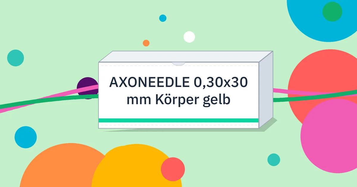 Symbolbild: Packung mit der Aufschrift AXONEEDLE 0,30x30 mm Körper gelb (PZN 19996344) – Verfügbarkeit und Bezug in Apotheken in Frankfurt am Main