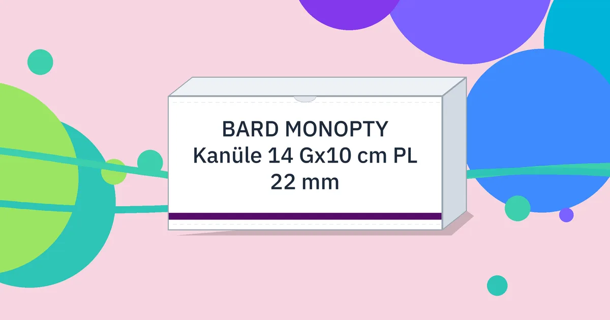 Symbolbild: Packung mit der Aufschrift BARD MONOPTY Kanüle 14 Gx10 cm PL 22 mm (PZN 07780484) – Verfügbarkeit und Bezug in Apotheken in Frankfurt am Main