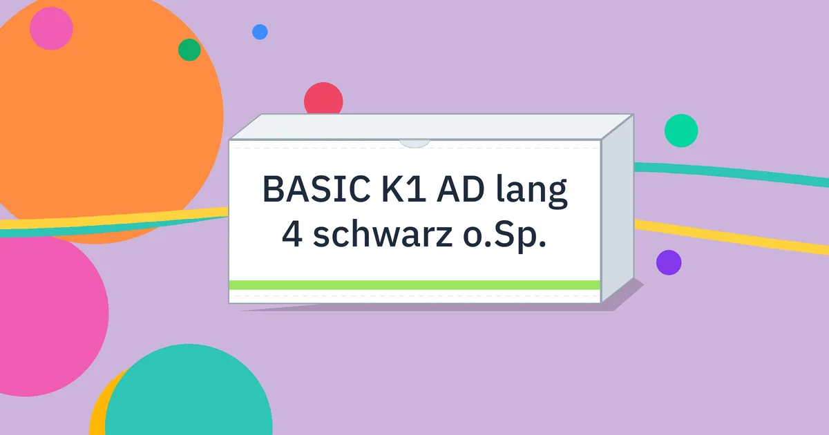 Symbolbild: Packung mit der Aufschrift BASIC K1 AD lang 4 schwarz o.Sp. (PZN 20258166) – Verfügbarkeit und Bezug in Apotheken in Frankfurt am Main