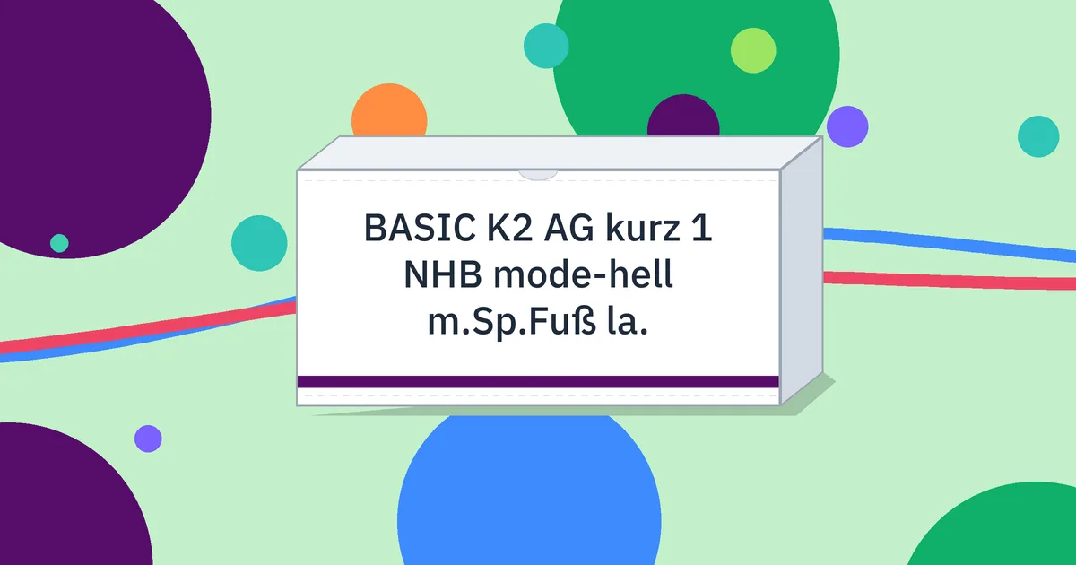 Symbolbild: Packung mit der Aufschrift BASIC K2 AG kurz 1 NHB mode-hell m.Sp.Fuß la. (PZN 20266220) – Verfügbarkeit und Bezug in Apotheken in Frankfurt am Main