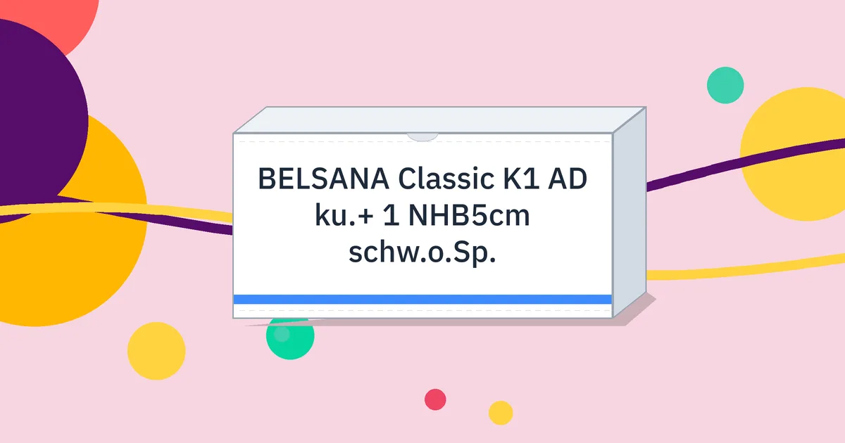 Symbolbild: Packung mit der Aufschrift BELSANA Classic K1 AD ku.+ 1 NHB5cm schw.o.Sp. (PZN 19254186) – Verfügbarkeit und Bezug in Apotheken in Frankfurt am Main