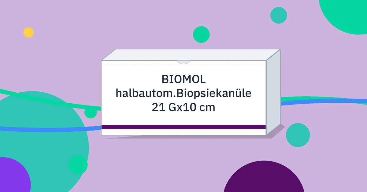 Symbolbild: Packung mit der Aufschrift BIOMOL halbautom.Biopsiekanüle 21 Gx10 cm (PZN 06123850) – Verfügbarkeit und Bezug in Apotheken in Frankfurt am Main