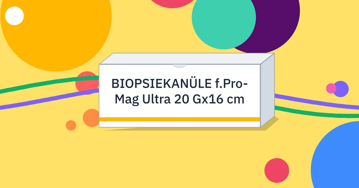 Symbolbild: Packung mit der Aufschrift BIOPSIEKANÜLE f.Pro-Mag Ultra 20 Gx16 cm (PZN 04503063) – Verfügbarkeit und Bezug in Apotheken in Frankfurt am Main