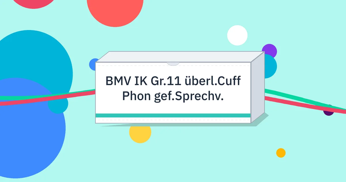 Symbolbild: Packung mit der Aufschrift BMV IK Gr.11 überl.Cuff Phon gef.Sprechv. (PZN 18382769) – Verfügbarkeit und Bezug in Apotheken in Frankfurt am Main