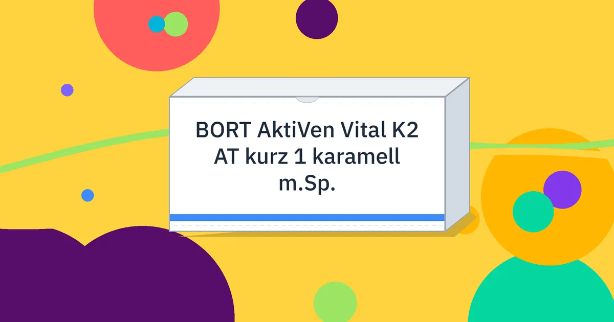 Symbolbild: Packung mit der Aufschrift BORT AktiVen Vital K2 AT kurz 1 karamell m.Sp. (PZN 13737831) – Verfügbarkeit und Bezug in Apotheken in Frankfurt am Main