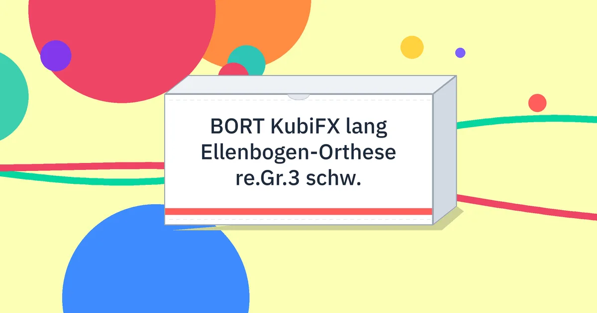Symbolbild: Packung mit der Aufschrift BORT KubiFX lang Ellenbogen-Orthese re.Gr.3 schw. (PZN 04195733) – Verfügbarkeit und Bezug in Apotheken in Frankfurt am Main