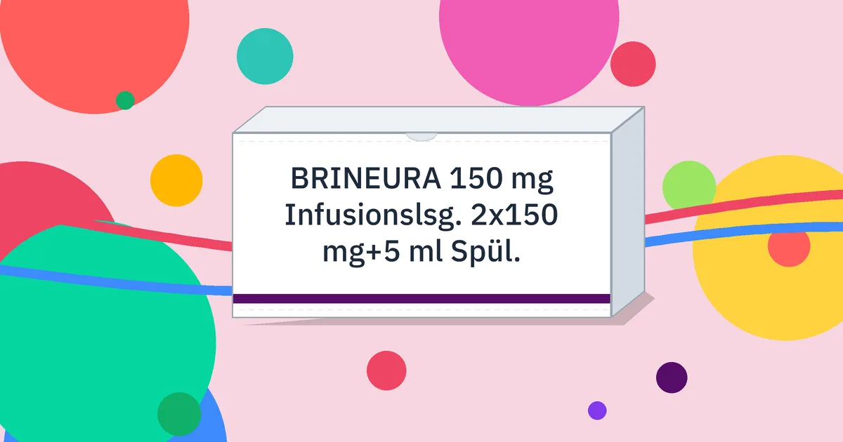 Symbolbild: Packung mit der Aufschrift BRINEURA 150 mg Infusionslsg. 2x150 mg+5 ml Spül. (PZN 13229307) – Verfügbarkeit und Bezug in Apotheken in Frankfurt am Main