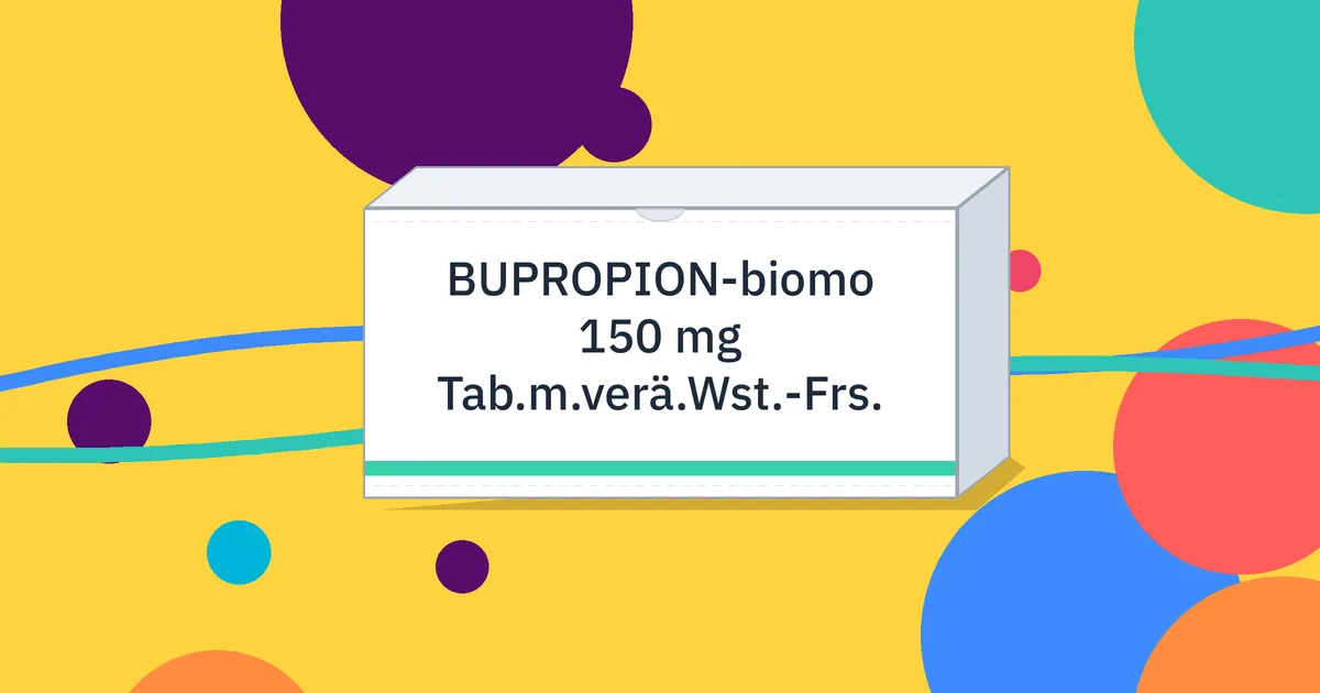 Symbolbild: Packung mit der Aufschrift BUPROPION-biomo 150 mg Tab.m.verä.Wst.-Frs. (PZN 14413349) – Verfügbarkeit und Bezug in Apotheken in Frankfurt am Main