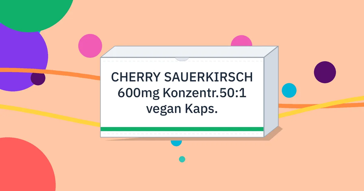 Symbolbild: Packung mit der Aufschrift CHERRY SAUERKIRSCH 600mg Konzentr.50:1 vegan Kaps. (PZN 17284378) – Verfügbarkeit und Bezug in Apotheken in Frankfurt am Main