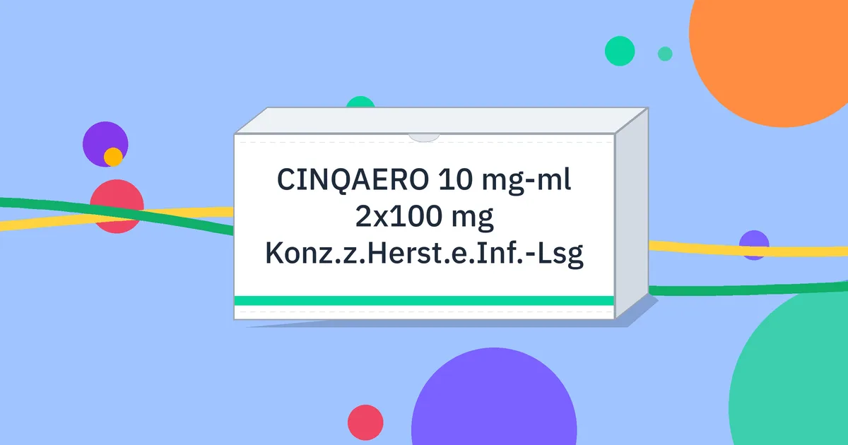 Symbolbild: Packung mit der Aufschrift CINQAERO 10 mg-ml 2x100 mg Konz.z.Herst.e.Inf.-Lsg (PZN 13827824) – Verfügbarkeit und Bezug in Apotheken in Frankfurt am Main