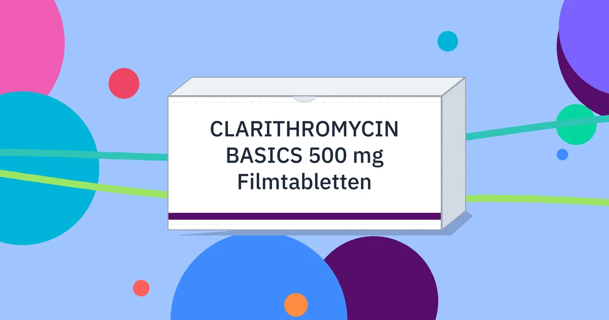 Symbolbild: Packung mit der Aufschrift CLARITHROMYCIN BASICS 500 mg Filmtabletten (PZN 02703214) – Verfügbarkeit und Bezug in Apotheken in Frankfurt am Main