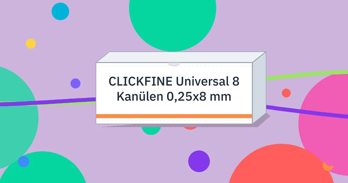 Symbolbild: Packung mit der Aufschrift CLICKFINE Universal 8 Kanülen 0,25x8 mm (PZN 17831509) – Verfügbarkeit und Bezug in Apotheken in Frankfurt am Main