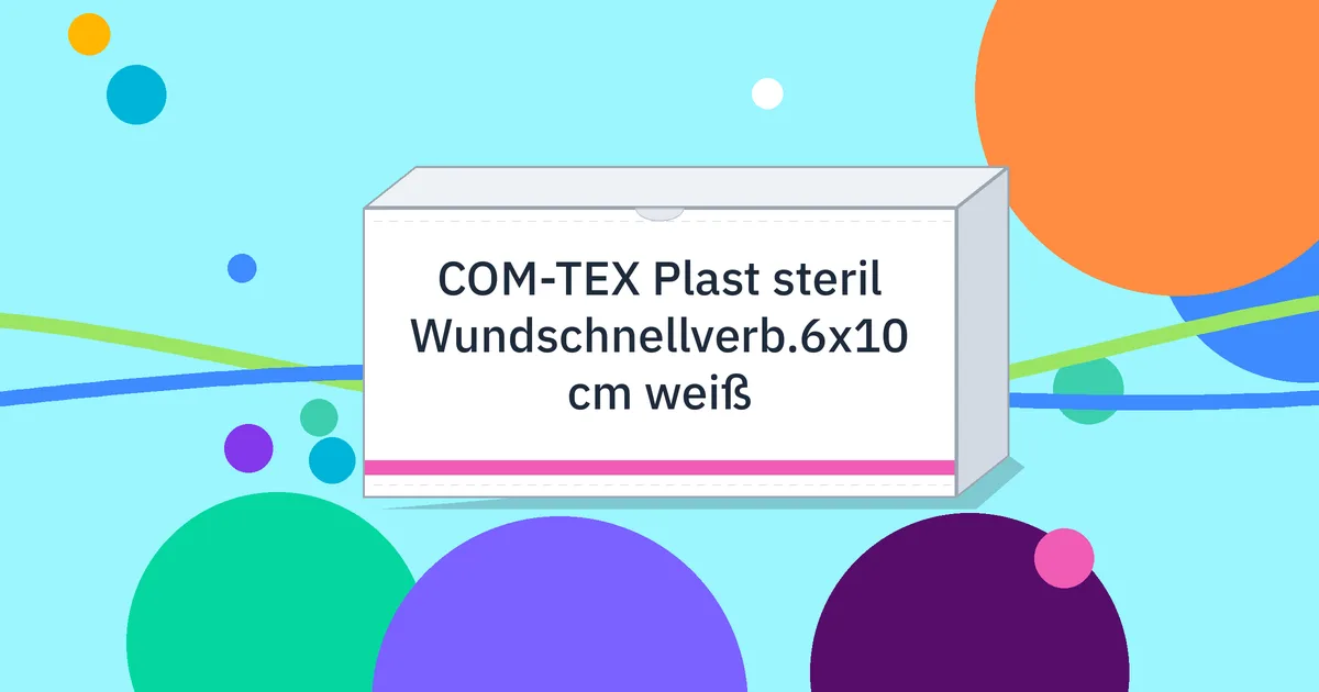 Symbolbild: Packung mit der Aufschrift COM-TEX Plast steril Wundschnellverb.6x10 cm weiß (PZN 14046589) – Verfügbarkeit und Bezug in Apotheken in Frankfurt am Main