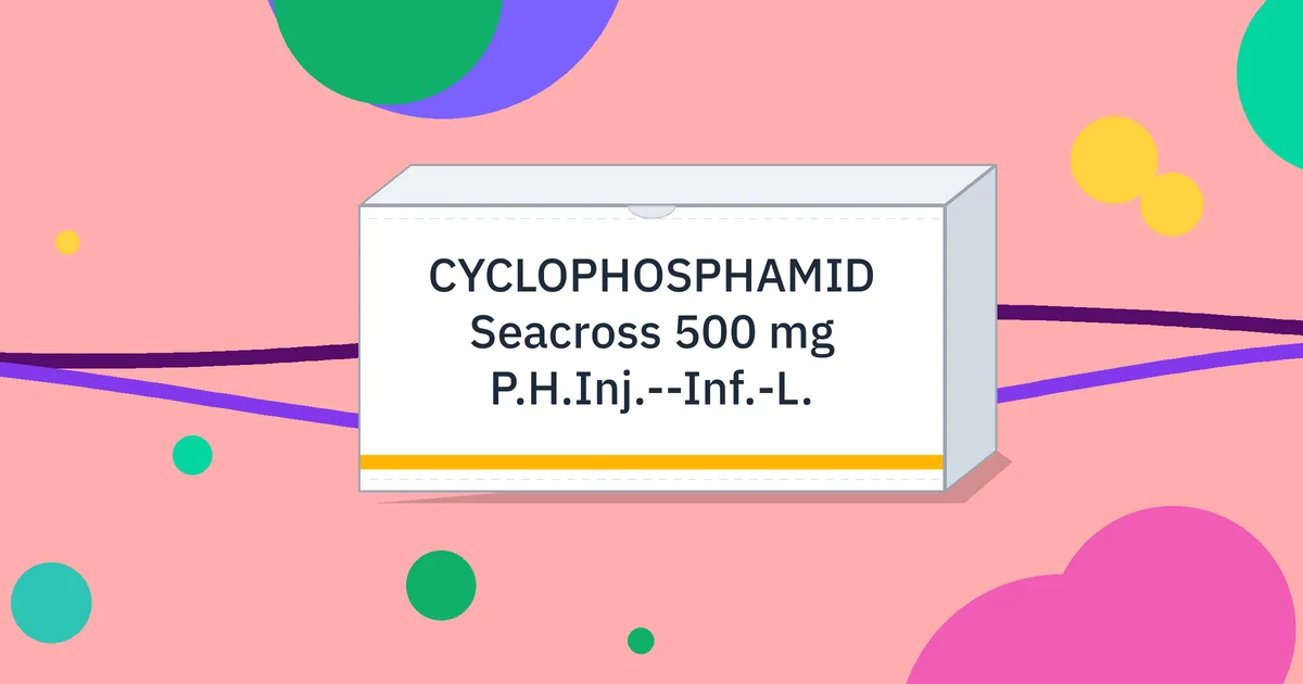 Symbolbild: Packung mit der Aufschrift CYCLOPHOSPHAMID Seacross 500 mg P.H.Inj.--Inf.-L. (PZN 19927627) – Verfügbarkeit und Bezug in Apotheken in Frankfurt am Main