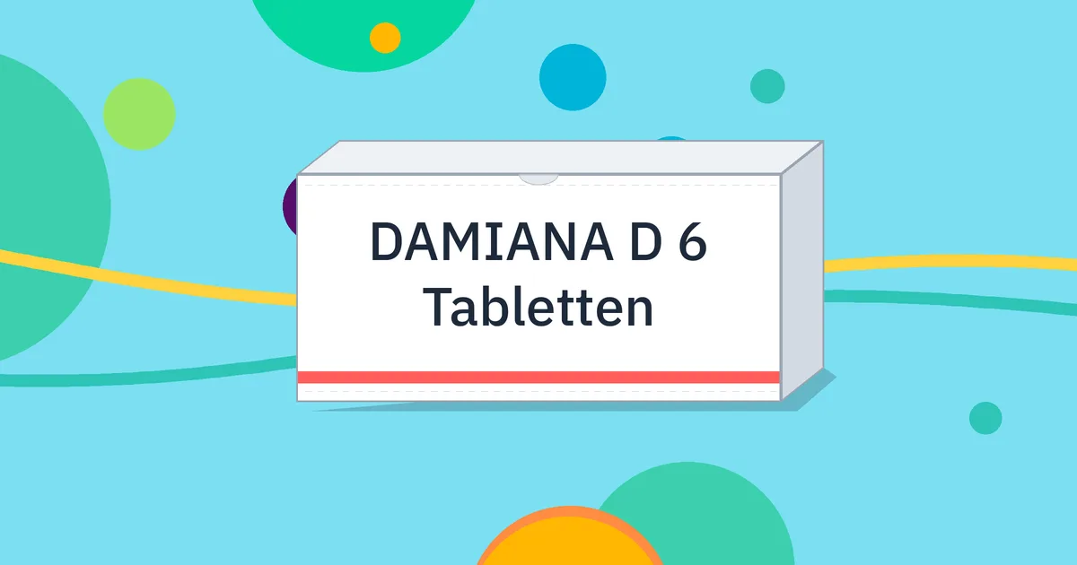 Symbolbild: Packung mit der Aufschrift DAMIANA D 6 Tabletten (PZN 02629593) – Verfügbarkeit und Bezug in Apotheken in Frankfurt am Main