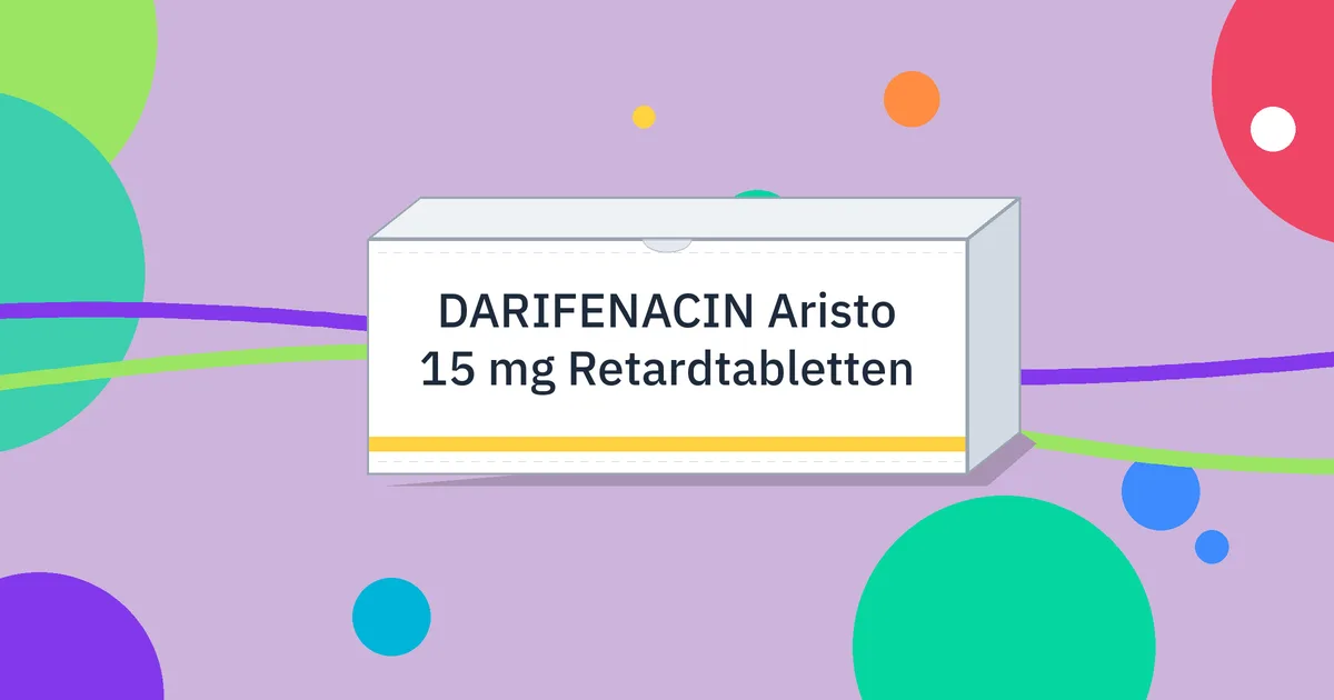 Symbolbild: Packung mit der Aufschrift DARIFENACIN Aristo 15 mg Retardtabletten (PZN 15640627) – Verfügbarkeit und Bezug in Apotheken in Frankfurt am Main