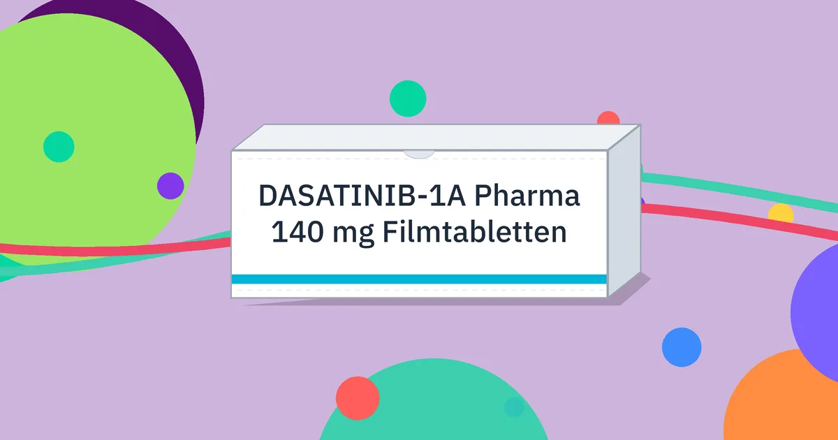 Symbolbild: Packung mit der Aufschrift DASATINIB-1A Pharma 140 mg Filmtabletten (PZN 16755433) – Verfügbarkeit und Bezug in Apotheken in Frankfurt am Main