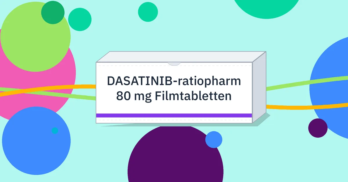 Symbolbild: Packung mit der Aufschrift DASATINIB-ratiopharm 80 mg Filmtabletten (PZN 16315102) – Verfügbarkeit und Bezug in Apotheken in Frankfurt am Main